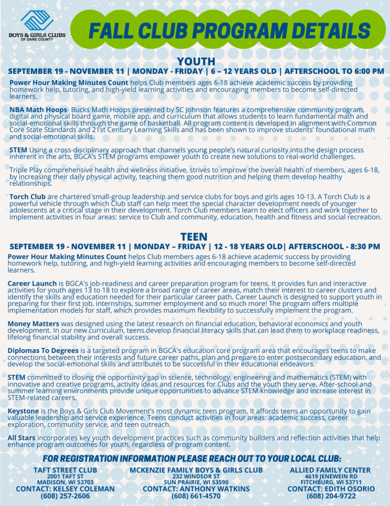 Fall Program Details - Boys & Girls Clubs of Dane County